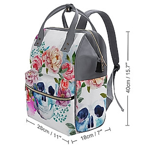 Skull and Flowers Day of The Dead Diaper Bag Backpack Large Capacity Mommy Bags Multifunction Nappy Bag Travel Back Pack Gray-Style
