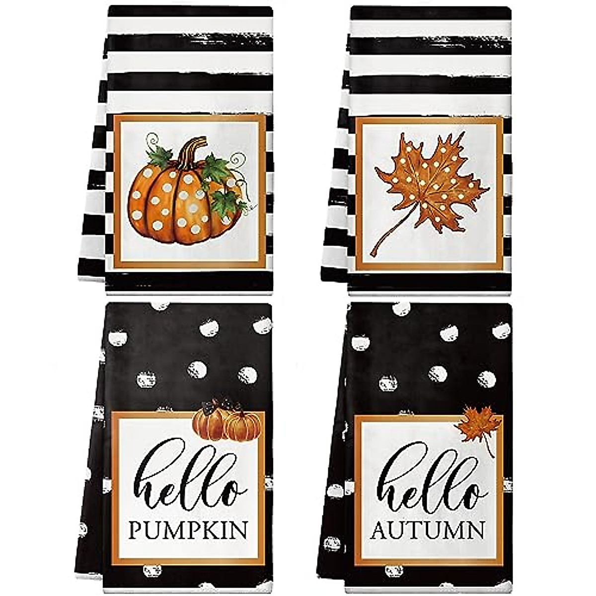 Norme 4 Pcs Thanksgiving Fall Hello Pumpkin Kitchen Towels, 18 x 28 Inch Fall Dish Towels Hello Autumn Polka Dot Stripes Black and White Kitchen Towels Absorbent Drying Cloth for Bathroom Decor Hand