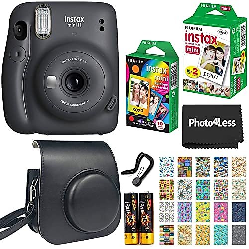 Fujifilm Instax Mini 11 Instant Camera - Charcoal Grey (16654786) + Fujifilm Instax Mini Twin Pack Instant Film (16437396) + Single Pack Rainbow Film + Case + Travel Stickers