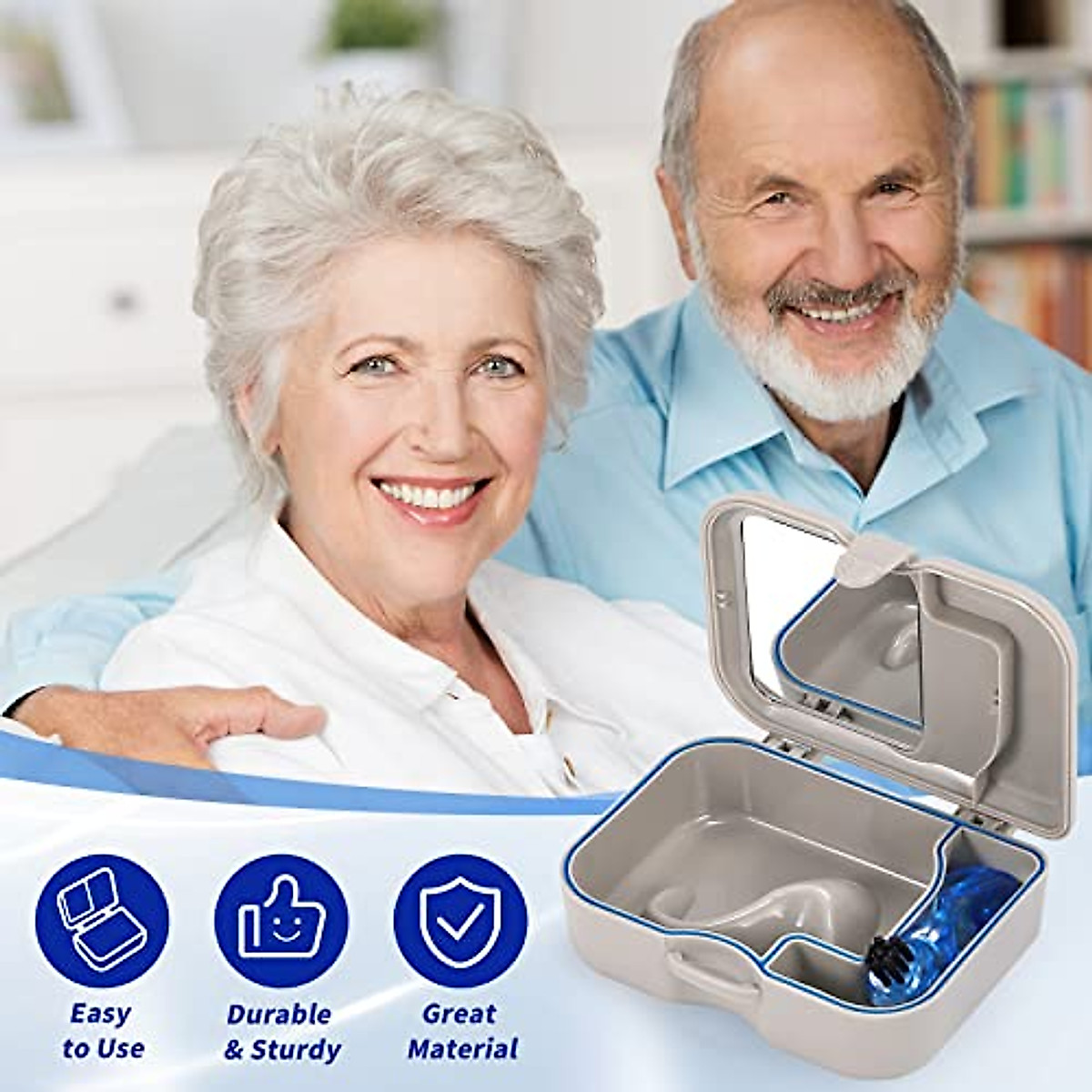 Annhua Denture Cup Bath Box Case with Mirror and Cleaning Brush, Dental Case with Brush Retainer Cleaning Case Mouth Guard Storage Soaking Cup Holder for Travel, Office, Household Use