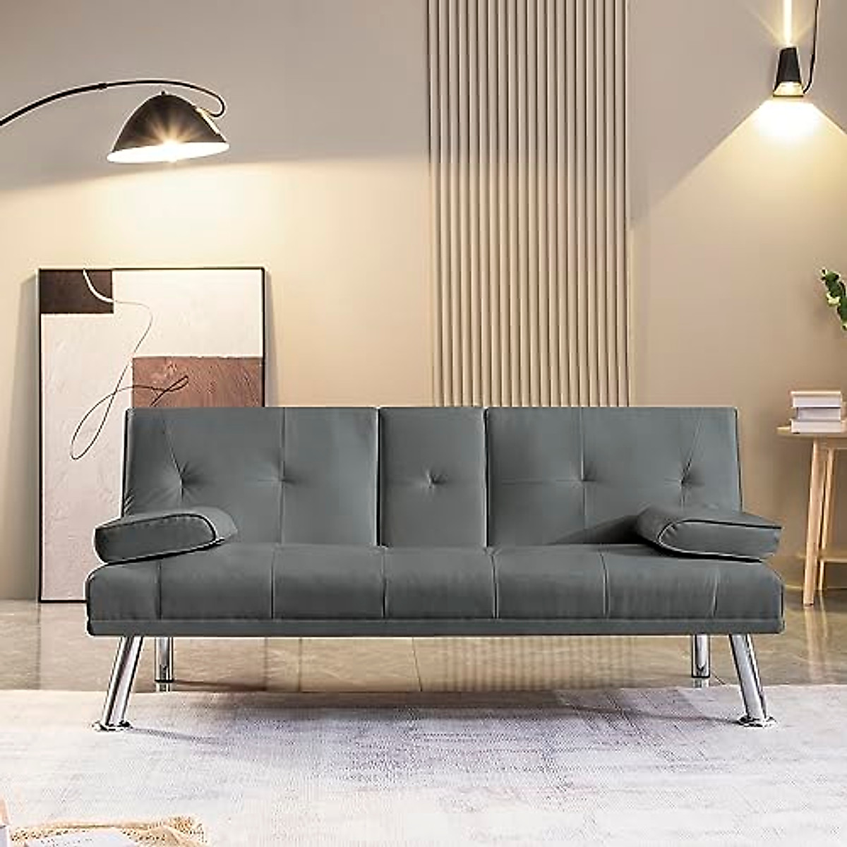 Anwick Modern Leather Futon Sofa Bed,Convertible Folding Couch Recliner Sleeper Loveseat for Small Space,Apartment,Office,Dorm,with Cup Holders and Removable Armrest (Gray-New)
