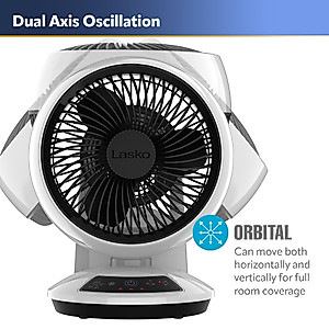 Lasko Whirlwind Orbital Motion Air Circulator Table Fan, 3 Speeds, Timer, Dark Mode, Remote Control for Small and Medium Sized Rooms, White, A12557