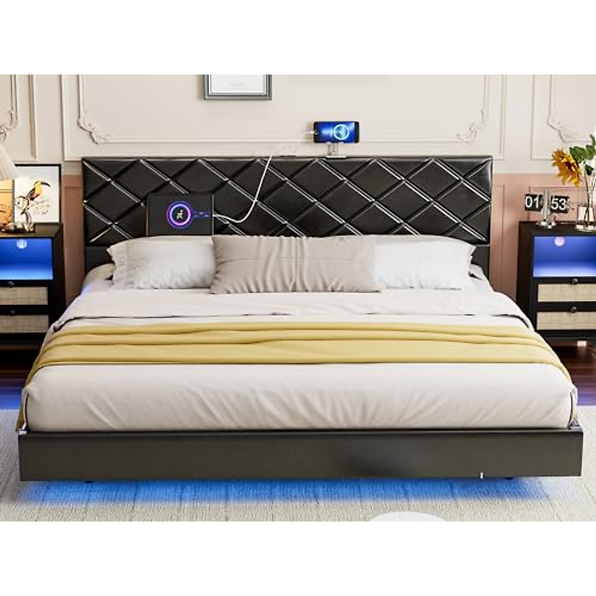 IKIFLY California King Floating Bed Frames with 2 USB Ports - Upholstered Faux Leather Cal King Platform Bed with LED Lights, No Box Spring Needed, Solid Wood Slats, Easy Assembly - Black