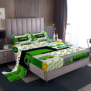 Feelyou Green Garbage Truck Sheets with Deep Pocket Fitted Sheet Powered Waste Management Recycling Trucks Sheet Set Cartoon Garbage Truck Bed Sheets Set for Kids Boys Girls Car Bedding Set Twin Size