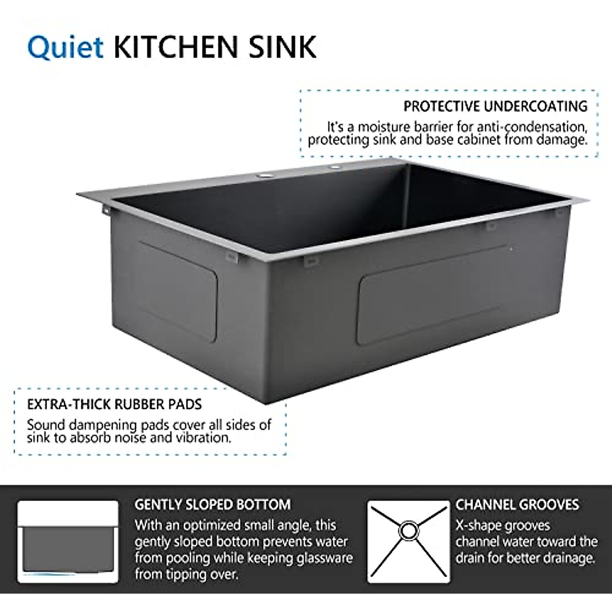 28 Inch Drop In Black Stainless Steel Kitchen Sink, Doirteal 28 x 22 x 10 Inch Matte Black Kitchen Sink 16 Gauge Stainless Steel Topmount Single Bowl Sink Single Basin with Bottom Grid