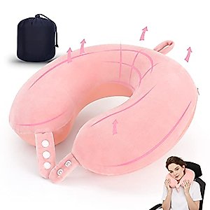 Travel Neck Pillow, Best Memory Foam Neck Pillow Head Support Soft Pillow for Sleeping Rest, Airplane Car & Home Use (Grey) (Pink)