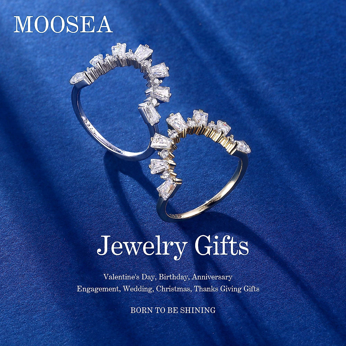 MOOSEA Sunburst Moissanite Rings for Women, D Color VVS1 Clarity Lab Created Diamond Wedding Band 14K White Gold Vermeil Moissanite Curved Wedding Band for Women Mom Wife Anniversary Jewelry Gifts