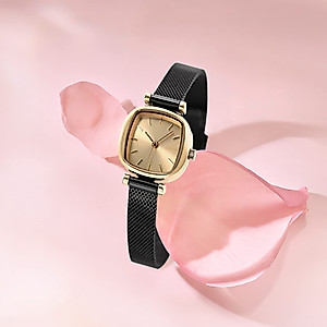LANZOOM Candy Shape Women's Quartz Watch - Gold Square Dial, Black Tone Steel Band. Gift for Women on Holidays and Special Occasions.