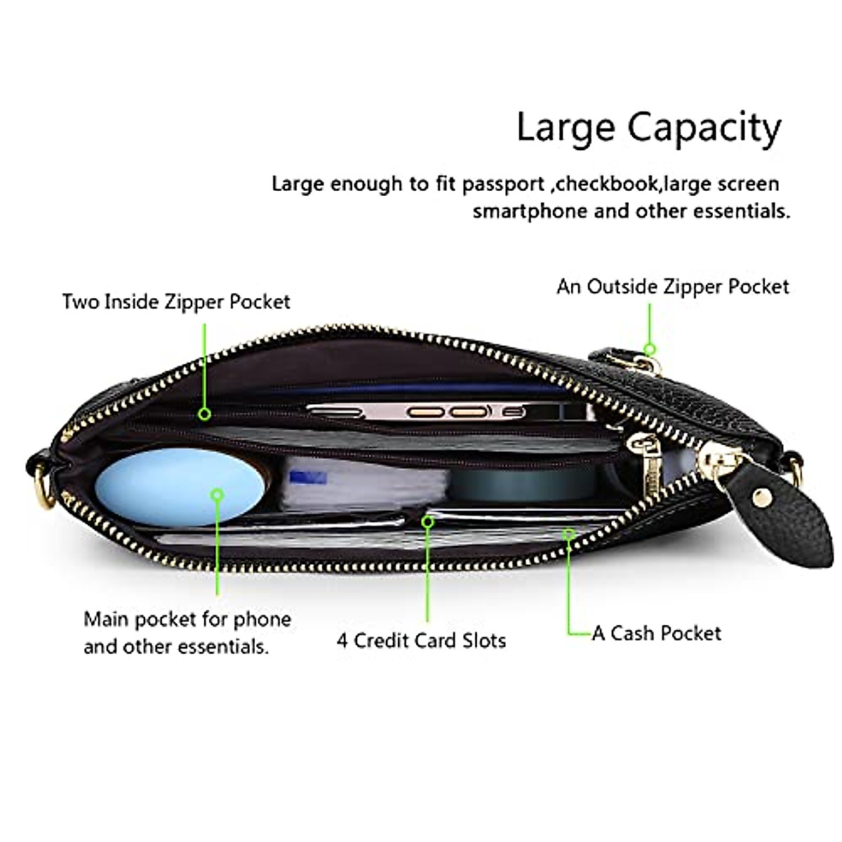 YALUXE Women Wristlet Clutch Genuine Full Grain Leather Crossbody Purse Smartphone Signature Wallet Strap