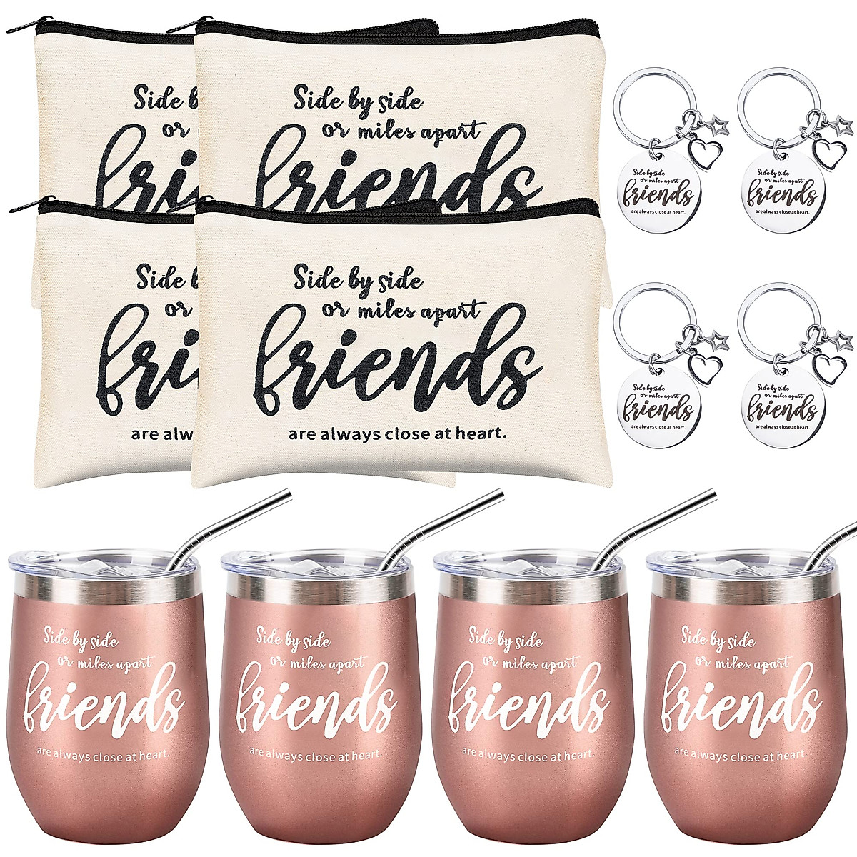 Kolewo4ever 12 Pieces Bulk Friend Appreciation Gifts Set 4 Friend Wine Tumbler 4 Friend Cosmetic Bag 4 Friend Keychains Appreciation Funny Long Distance Friendship Gifts for Best Soul Sister