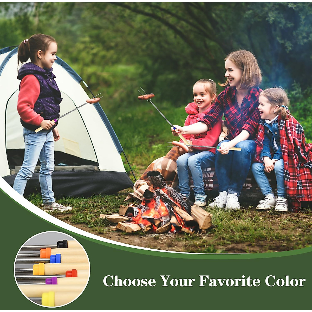 5/8/12/24 Pack Marshmallow Roasting Sticks Set, Extendable 32in Long Metal Barbecue Skewers with Wooden Handle, for Marshmallow, Hot Dogs, Camping, BBQ, Grill(5 Pack)