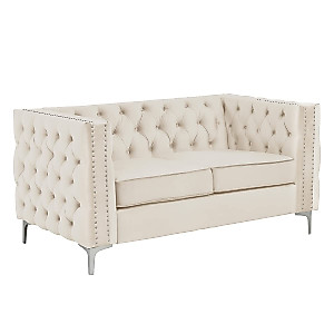 Morden Fort Loveseat Sofa, 61“Beige Mid-Century Couch with Button Tufted and Nailhead Trim and Iron Legs for Living Room, Apartroom, Bedroom, Office