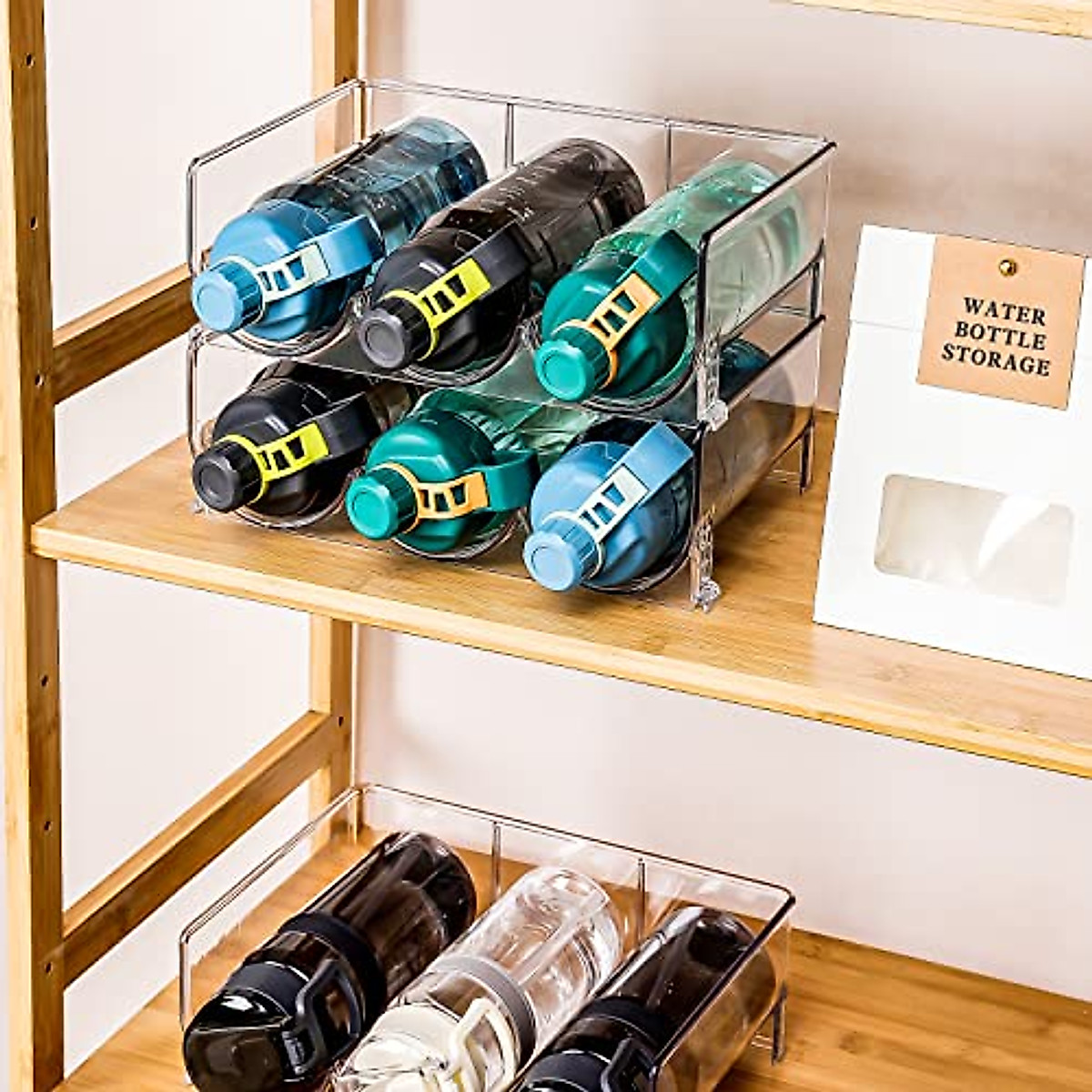MeCids Water Bottle Organizer 2 Pack Stackable Bottle Holder for Kitchen Storage and Organizer Cabinet Space Saver Wine, Drink, Can Rack