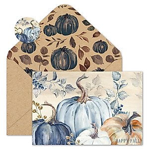 Whaline 50 Pack Fall Thank You Cards Bulk Boxed Vintage Blue Pumpkin Greeting Cards with Envelope Sticker Blank Note Cards for Autumn Thanksgiving Wedding, 4 x 6 Inch