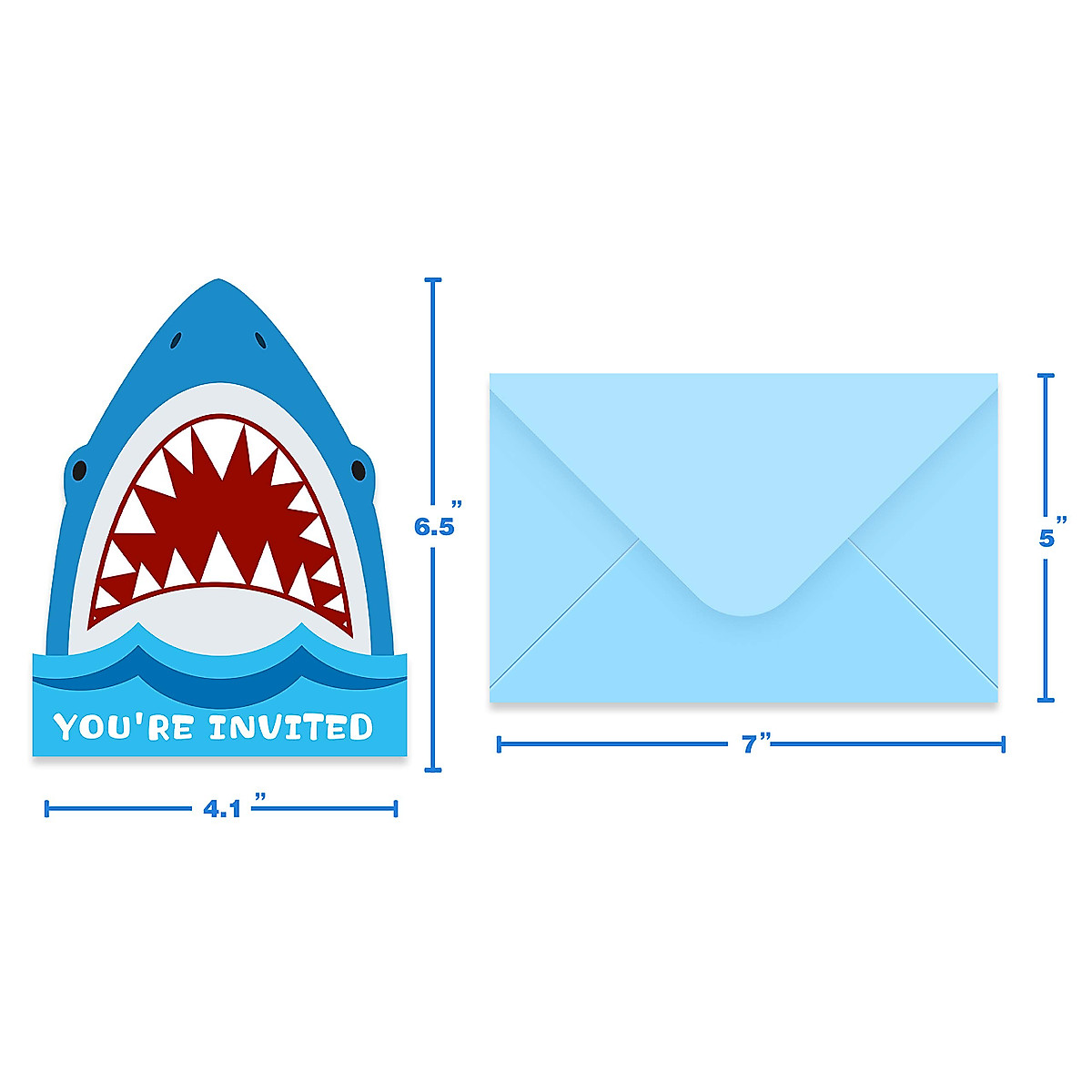 Yangmics Direct 25 Pack Shark Birthday Party Invitations with Envelopes-Double Sided -Shaped Fill-In Invitations-Shark party supplies