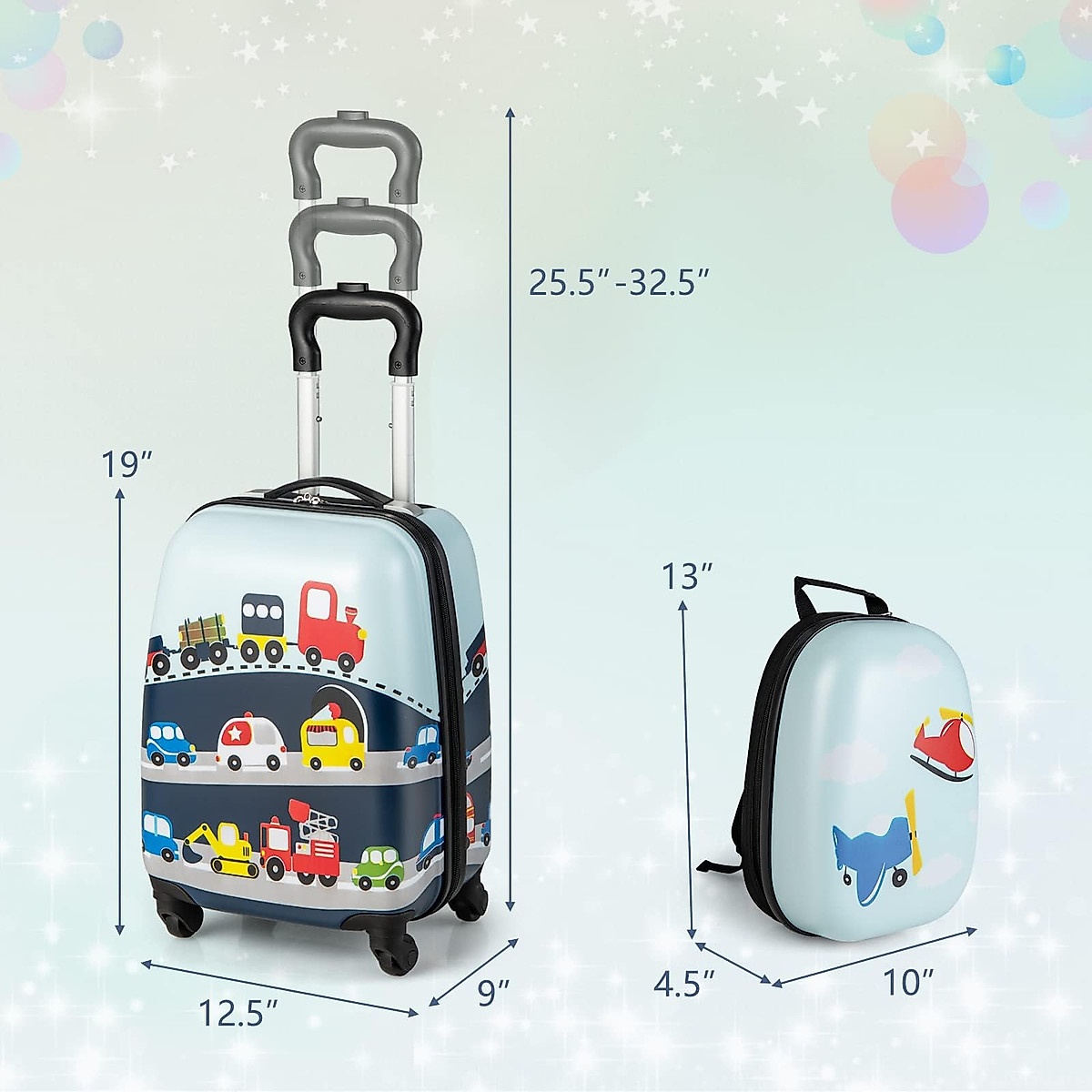 GYMAX Kids Carry On Luggage Set, 12" & 16" 2PCS Rolling Suitcase (Little Airplane)