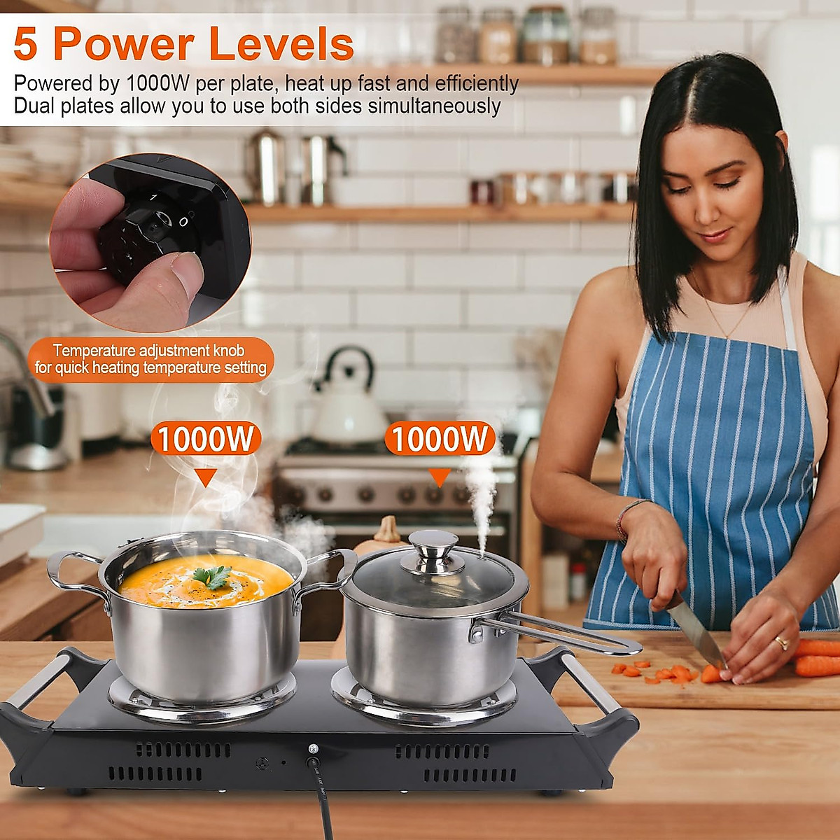 Hot Plate, 2000W Portable Electric Double Burner W/5 Level Temperature Control & Stay Cool Handles, Easy to Clean, Lightweight Cast Iron Electric Stove for Kitchen Camping Cooking, 110V