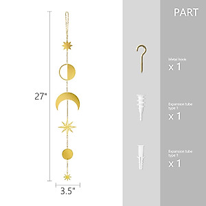 Dahey Moon Phase Wall Hanging Boho Decor Star Wall Art Garlands Metal Cycle Ornament Vertical Bohemian Home Decoration for Bedroom, Living Room, Apartment or Dorm, Gold