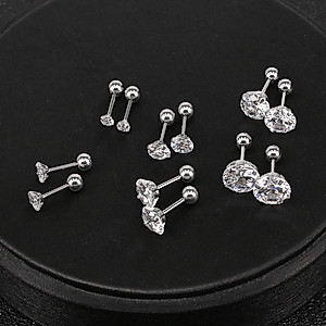 6 Pairs Shiny Round Cubic Zirconia Surgical Steel Stud Earrings Tragus Helix Conch Piercing Cartilage Sets