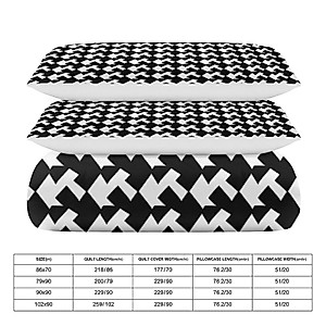 HotcoS Houndstooth Black Comforter Set Queen 3 Pieces Bedding Set Lightweight Soft Bedding Comforter Sets for All Season with 1 Duvet Cover 90""x90"" 2 Pillow Shams 30'' X 20'', Style