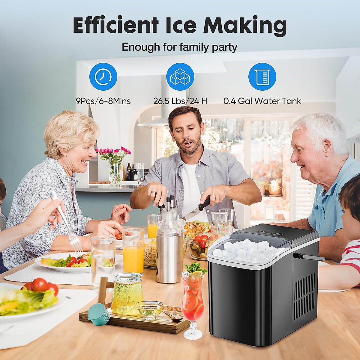 Sweetcrispy Ice Maker Countertop, Portable Ice Machine Self-Cleaning with Ice Scoop, Basket and Handle, 9 Cubes in 6 Mins, 26.5lbs/24Hrs, 2 Sizes of Bullet Ice for Home Kitchen Office Party, Black