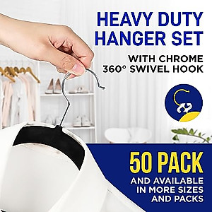 Lifemaster Velvet Non-Slip Plastic Hanger Set - 50 Pieces Non-Slip Clothes Hanger Set with 360° Swivel Hook, Space-Saving, Sleek Design, Smooth Velvet Finish, Lightweight Construction - Black