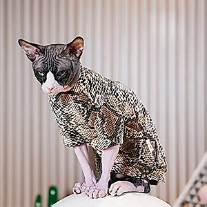Sphynx Hairless Cat Clothes Spring Summer Limited Edition Snake Skin Pattern Cotton T-Shirts Elasticity Turtleneck Pet Clothes for Cat (M (6-7.7lbs), Golden Skin)