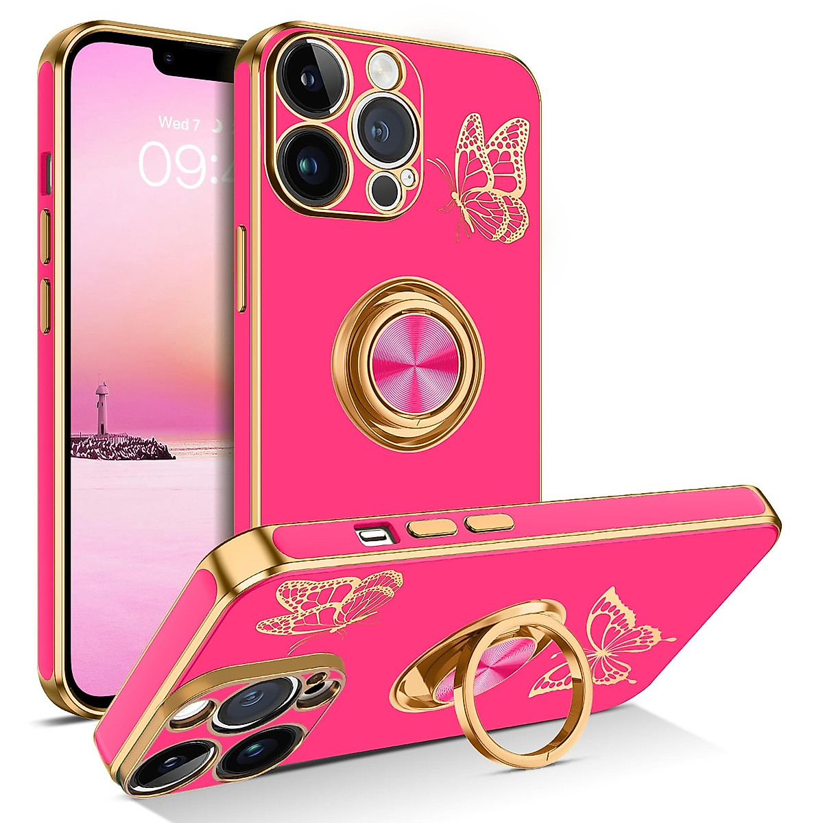 BENTOBEN for iPhone 13 Pro Max Case, Phone Case iPhone 13 Pro Max, Cute Butterfly Plating 360° Ring Holder Kickstand Magnetic Car Mount Supported Soft Bumper Women Men Drop Protective Cover, Hot Pink