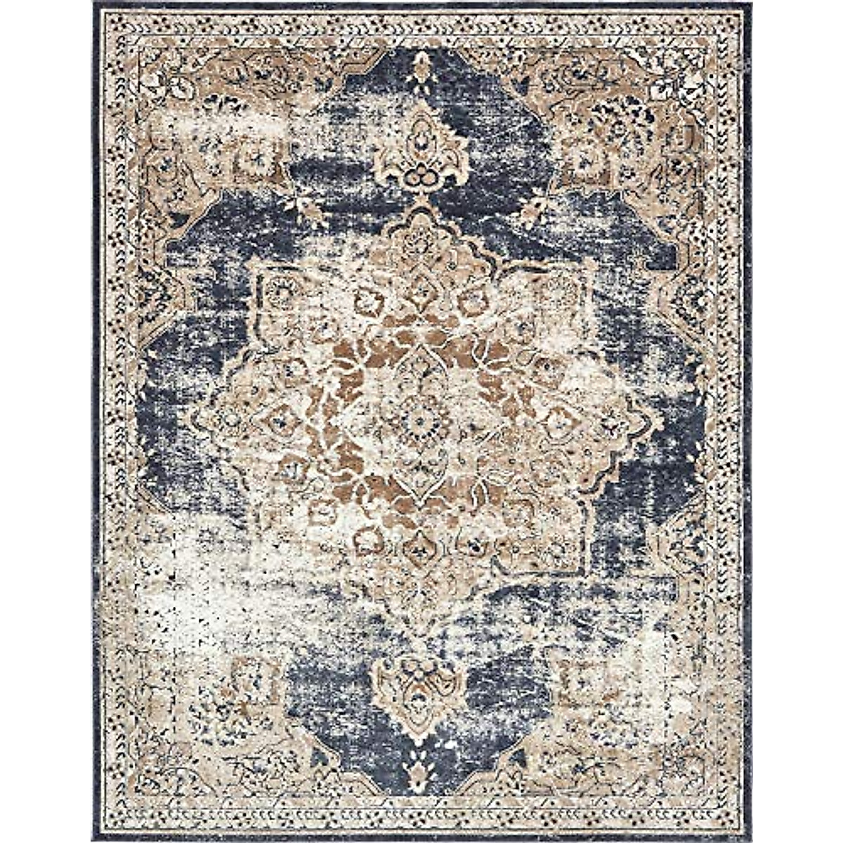 Unique Loom Chateau Collection Vintage, Distressed, Medallion, Rustic, Traditional Area Rug, 8' 0" x 10' 0", Beige/Navy Blue