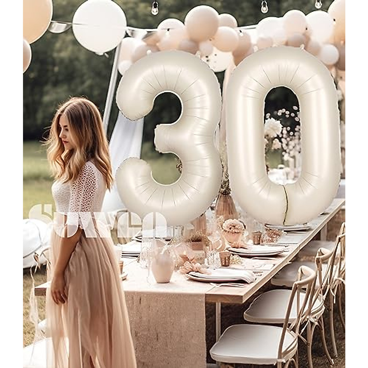 SUWEN 40 Inch Large Cream White 30 Balloon Numbers Big Foil Helium Number Balloons 0-9 Jumbo Happy 30th Mylar Birthday Party Decorations for Boy or Girl Anniversary Party Supplies
