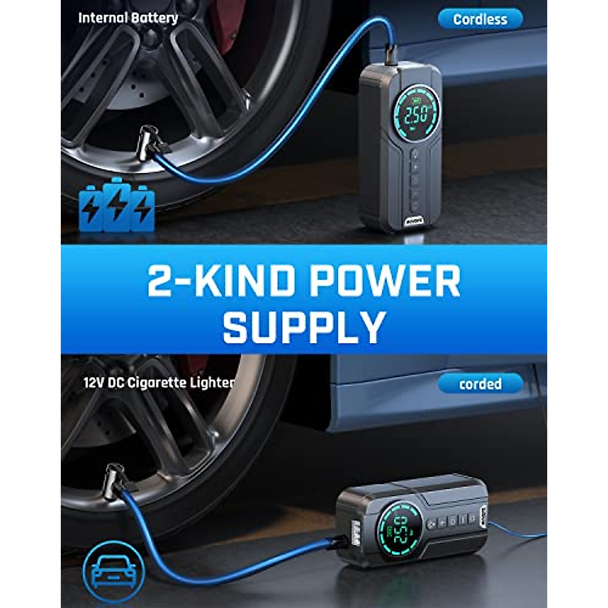 BUVAYE Tire Inflator Portable Air Compressor, 150PSI Fast Tire Inflator & Cordless, Portable Air Compressor For Car Tires, Motorcycles, Bikes, Balls, Air Pump For Car Tires