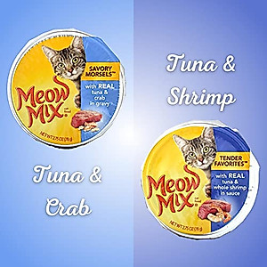 Meow Mix Wet Cat Food Variety Bundle | 6 Flavors, (2) Cups Each: Tuna Shrimp, Salmon Ocean Fish, Tuna Crab, Chicken & Liver, Chicken Beef, and Turkey & Giblets (2.75 OZ.) | Plus Kitty Toy and Magnet!