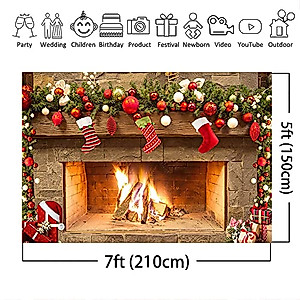 Mocsicka Christmas Fireplace Theme Backdrop for Photography Xmas Tree Sock Gift Family Party Decorations Wallpaper Winter Christmas Birthday Holiday Banner Studio Booth (7x5ft)