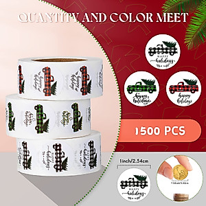 1500 Pieces Holiday Stickers Christmas Envelope Stickers Vintage Season Greetings Stickers Buffalo Check Plaid Pickup Truck with Tree Holiday Stickers for Envelopes Retro Winter Labels
