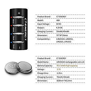 LIR2032 Rechargeable Battery Charger with High Capacity 3.7V 70mA 4pcs Button Batteries Can Replace Coin Cell Lithium ML2032