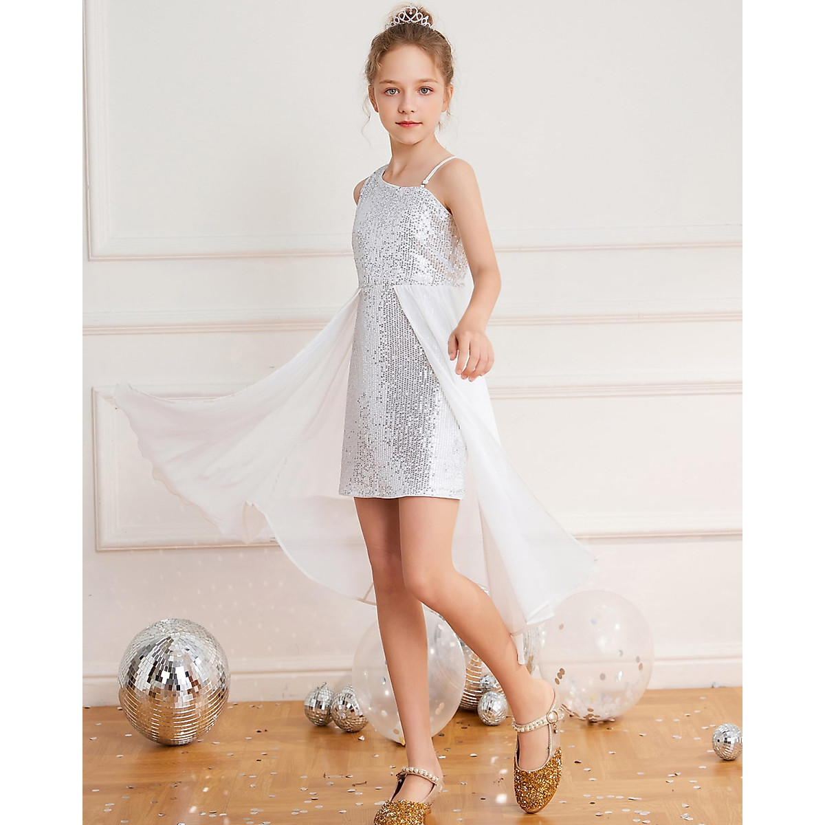 GRACE KARIN Girls Sequin Graduation Dress for Girls 10-12 Sliver Party One Sleeve Dresses