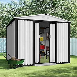 Betterland Outdoor Storage Shed 6×8 FT Garden Metal Tool House, Walk-in Steel Double Sloping Roof Shed with Sliding Door for Garden, Lawn, Backyard (White)