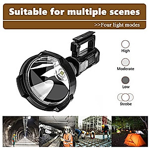 Rechargeable Spotlight Flashlights,LED Super Bright 90000 High Lumens Handheld Tactical Flashlight,4 Modes IPX5 Waterproof Large Searchlight for Camping,Fishing with USB Output and Foldable Tripod