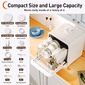 JOYOUNG Portable Countertop Dishwasher, 5L Built-in Water Tank, 5 Washing Programs with Air-Dry Function, 360° Dual Spray Arms, Compact Size and Large Capacity for a Family of 6