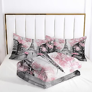 kxry Pink Paris Eiffel Tower Comforter Set Full Size French Style Couple Lover Flower Bedding Sets for Girls Women Kids Quilted Duvet 1 Comforter + 2 Pillow Cases