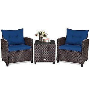 KOTEK 3 Piece Patio Furniture Set, Outdoor Conversation Set with Washable Cushions & Tempered Glass Tabletop, PE Rattan Wicker Bistro Set for Porch, Garden, Balcony (Navy Blue)