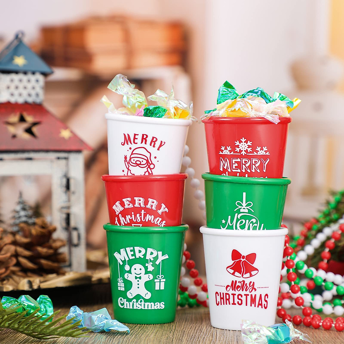 12 Pieces Christmas Shot Glass on Beaded Necklace Xmas Plastic Shot Glasses Shot Glass Necklaces Snowman Snowflake Santa Gingerbread Man Shot Necklace Cups for Christmas Party Supplies, 6 Styles