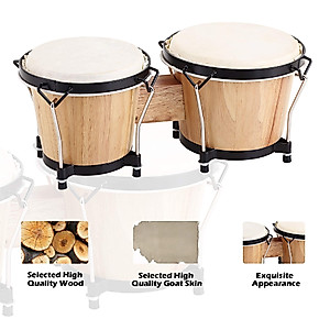 NXWVPC Bongo Drums, 2 Set 6" and 7" Drum Set, Tunable Percussion Instruments Synthetic Metal Frame Construction Bongo Drum for Kids Adults Beginners with Travel Bag and Tuning Wrench, Natural Finish