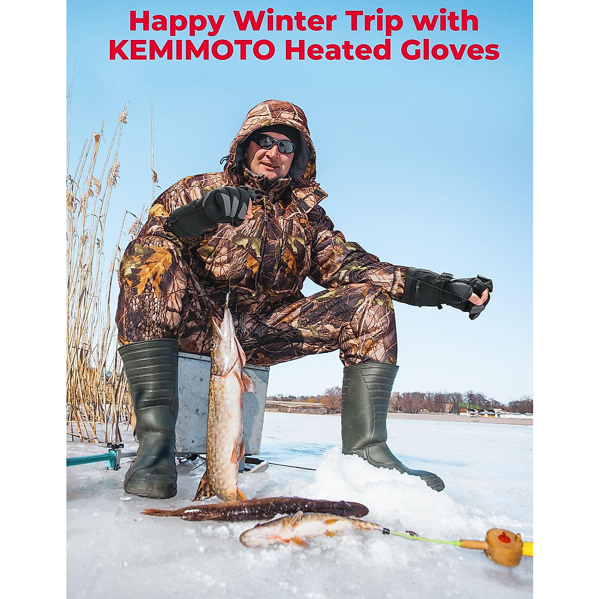 KEMIMOTO Heated Gloves for Men Women, Heating Ice Fishing Gloves Rechargeable Electric Battery 2pcs 7.4V for Winter Motorcycle Skiing Snowboarding Hunting Camping, Size XL