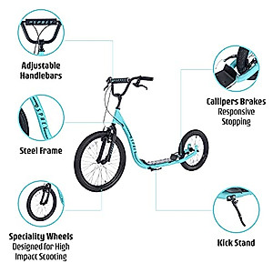 Osprey Adult Youth BMX Kick Scooter | 20 x 16 Inch Big Wheels, Kids Teen Bicycle Off Road Scooter with Adjustable Handlebars Inflatable Wheels and Caliper Brakes - Blue