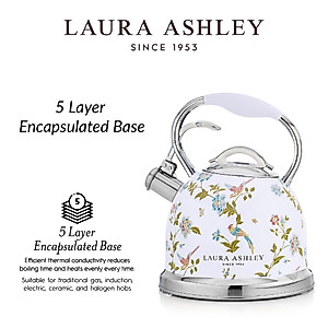 VQ Laura Ashley Elveden White 3L Stainless Steel Tea Kettle Stovetop Whistling Teapot for Induction, Gas Hob or others. Silicon Coated Cool Handle & Push Button Mechanism Vintage Stove Top Kettle