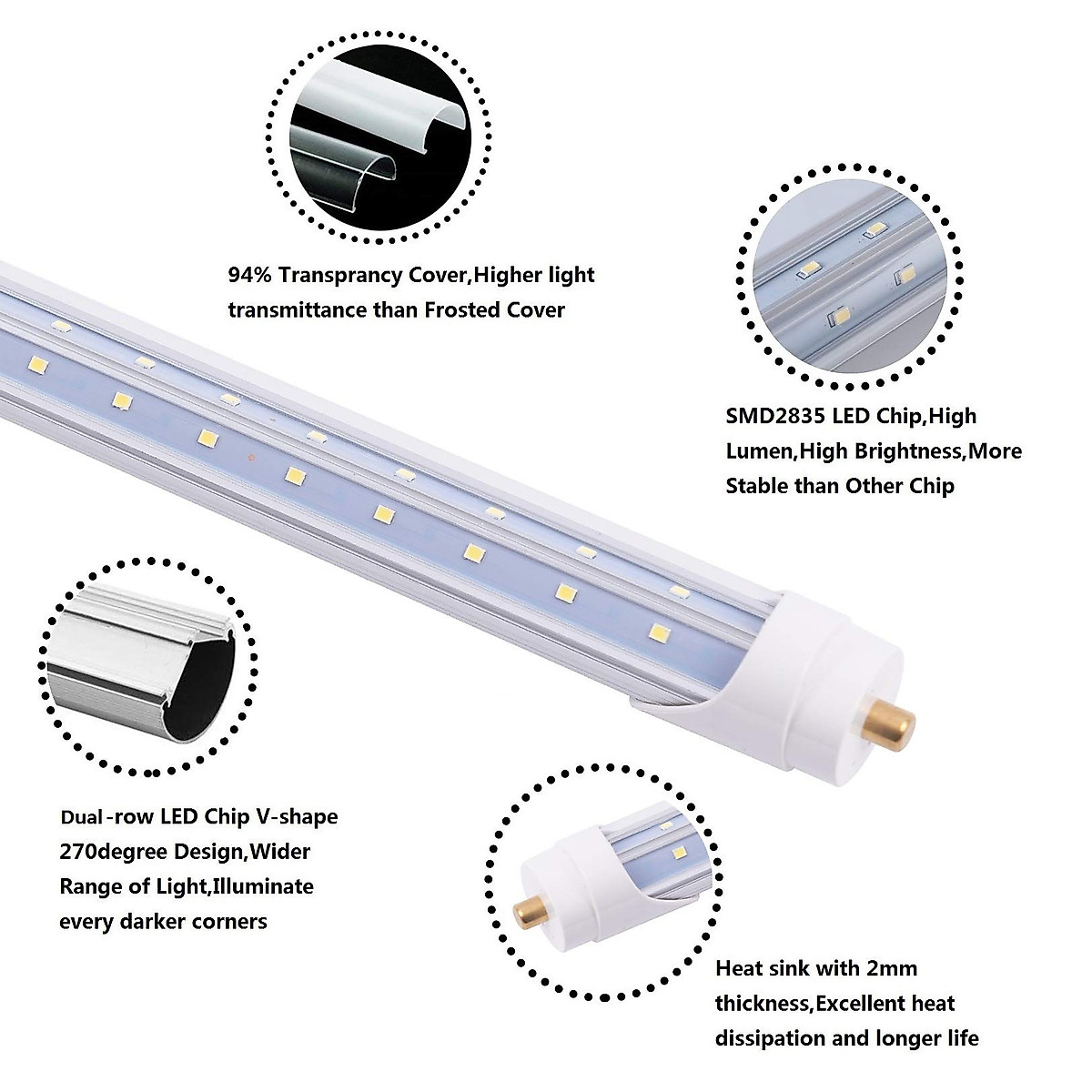 WAHADI 6-Pack 6FT 40W T8 LED Tube Light Daylight White 6000k with Dual-Row LED Chips FA8 Single Pin Base Clear Cover 6 Foot LED Bulbs to Replace T8 T10 T12 Fluorescent Light, ETL Listed