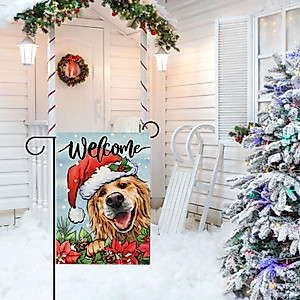 Hzppyz Welcome Christmas Golden Retriever Dog Garden Flag, Xmas Puppy Santa Hat Poinsettia Pine Cone Decorative Yard Outdoor Home Small Decor, Winter Holiday Farmhouse Outside House Decoration 12 x 18