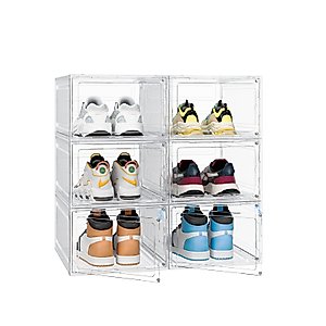 FUNLAX Shoe Storage Boxes, 6 Pack Stackable Shoe Organizer Box Clear Plastic Shoe Boxes with Magnetic Side Door up to US Size 13 Space-saving Shoe Container for closet