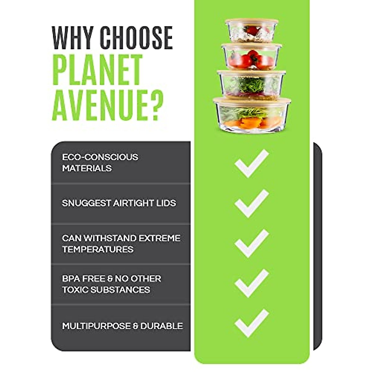 PLANET AVENUE Round Storage Containers with Lids, Ecofriendly Glass Containers, Storage Container with Lid, Glass Container with Bamboo Lid, Airtight Food Container Set